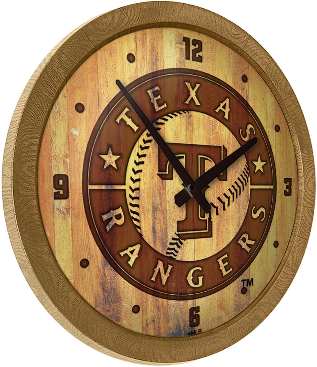 The Fan-Brand Texas Rangers Ash Branded Faux Barrel Top Wall Clock ...