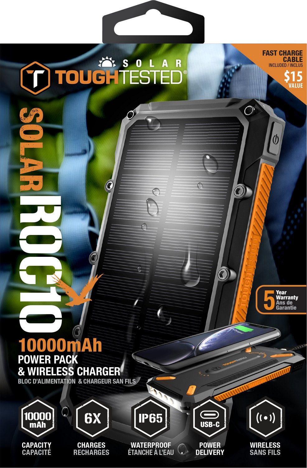 Tough Tested ROC 10,000 mAh Wireless Solar Power Bank | Academy