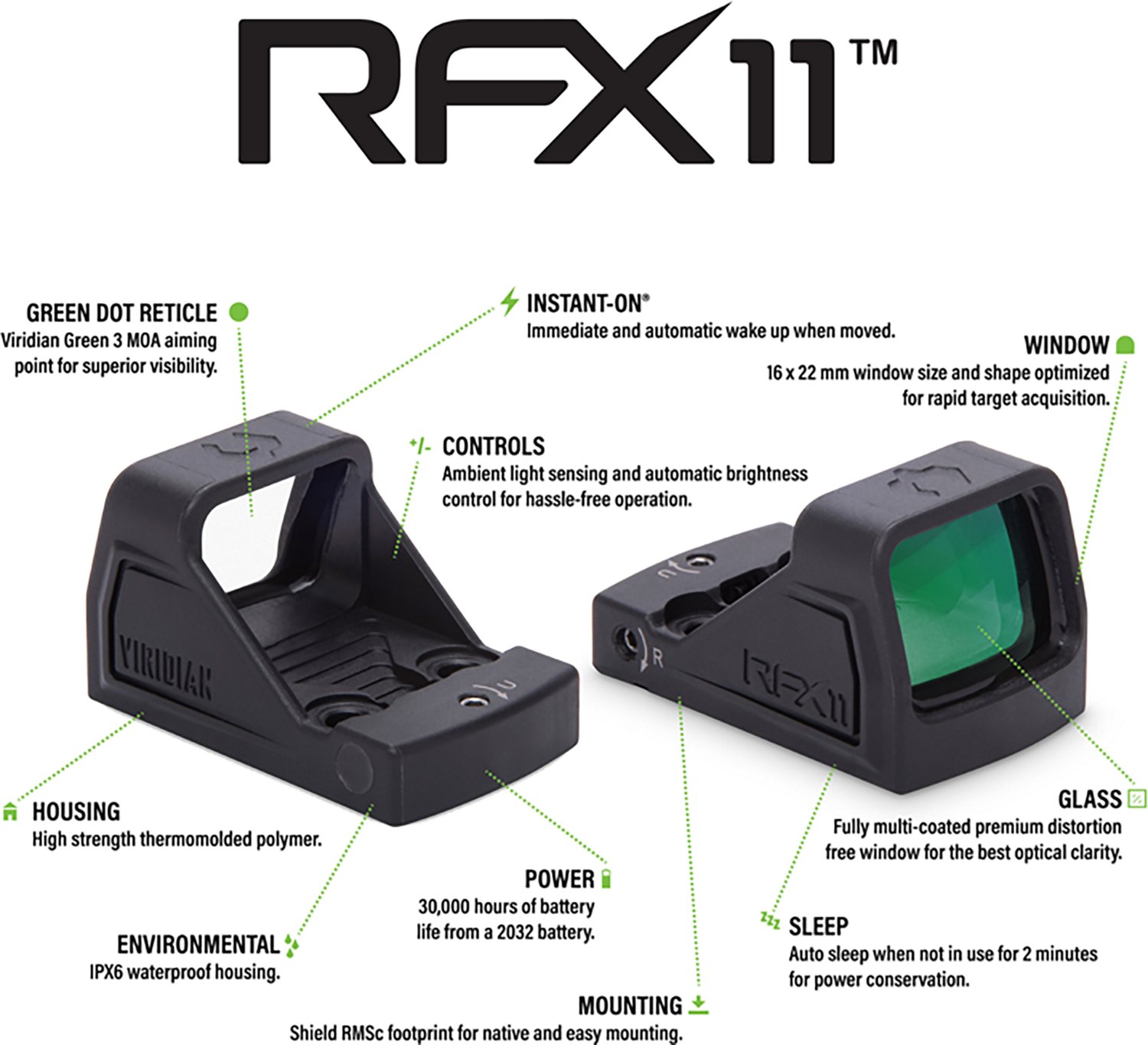 Viridian RFX11 1 x 16 mm Micro Green Dot Reflex Sight with SHIELD RMSc ...