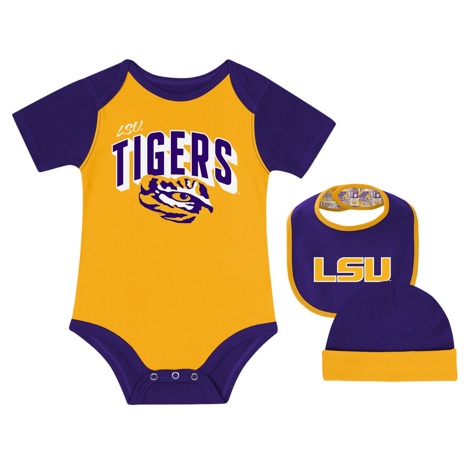 Newborn LSU Tigers Dynamic Duo Bodysuit Bib Cuffed Knit Hat Set | Academy