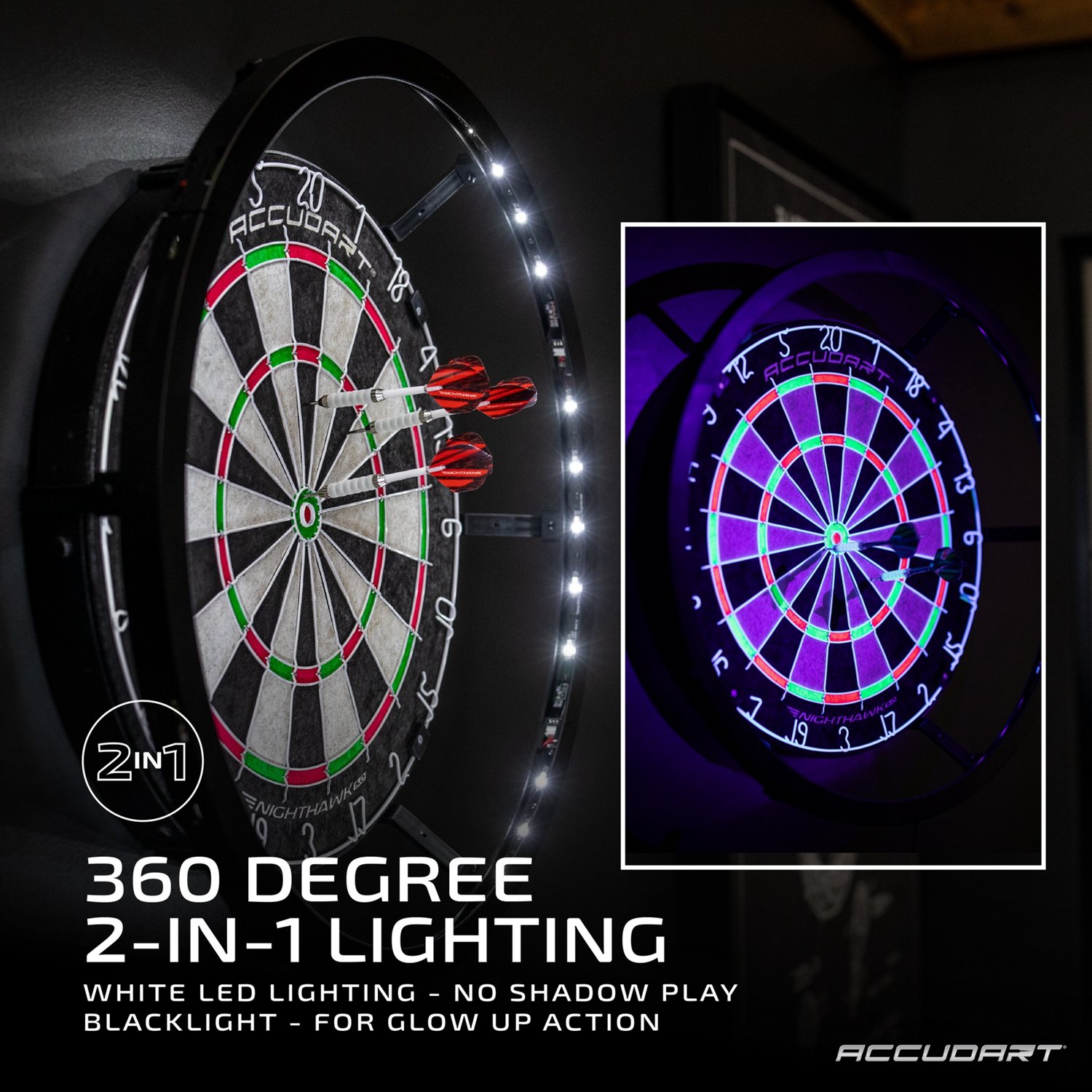 Accudart Nighthawk 2 in 1 LED/Blacklight Surround Bristle Dartboard Set ...
