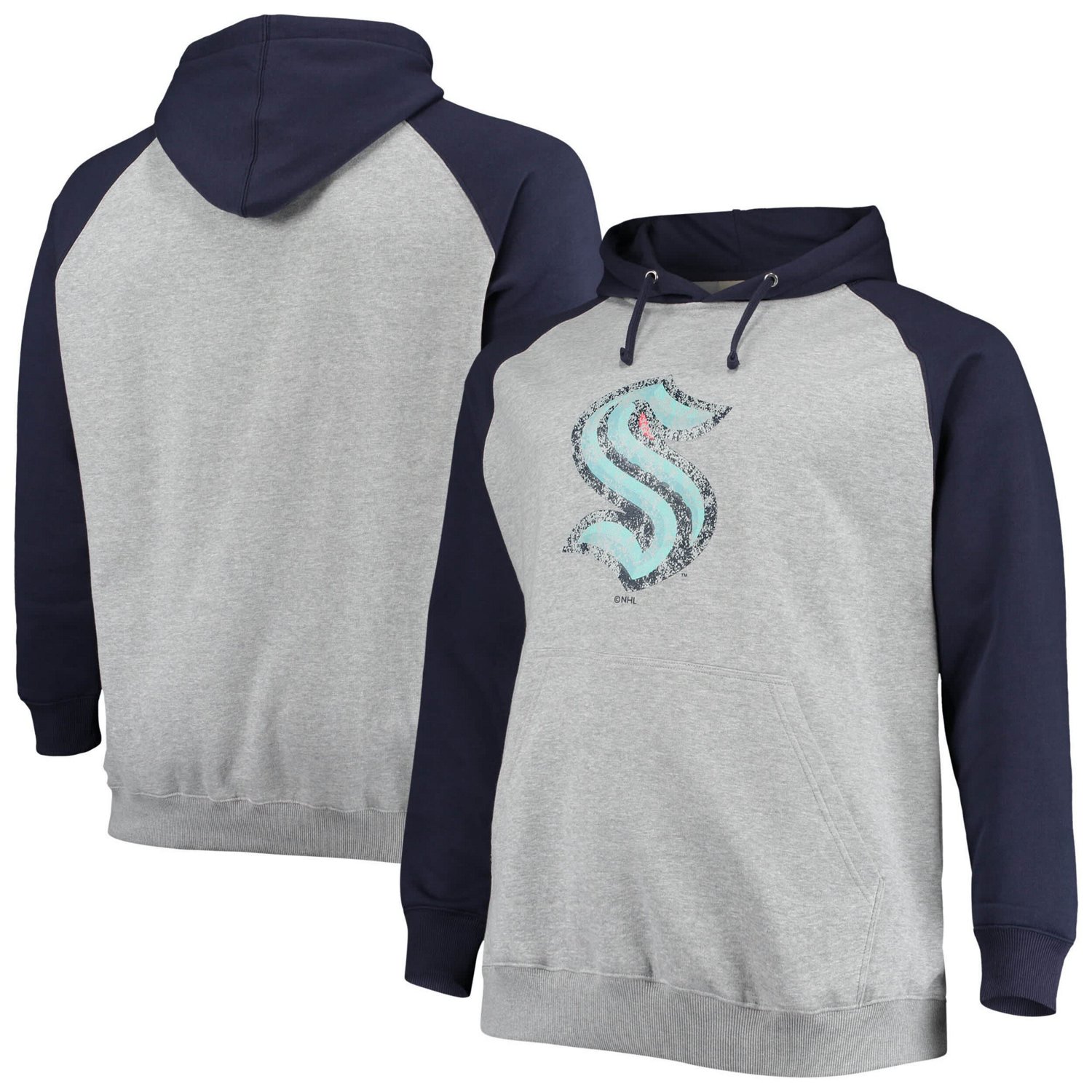 Fanatics Branded Heathered Gray/Deep Sea Seattle Kraken Big Tall Raglan Pullover Hoodie | Academy