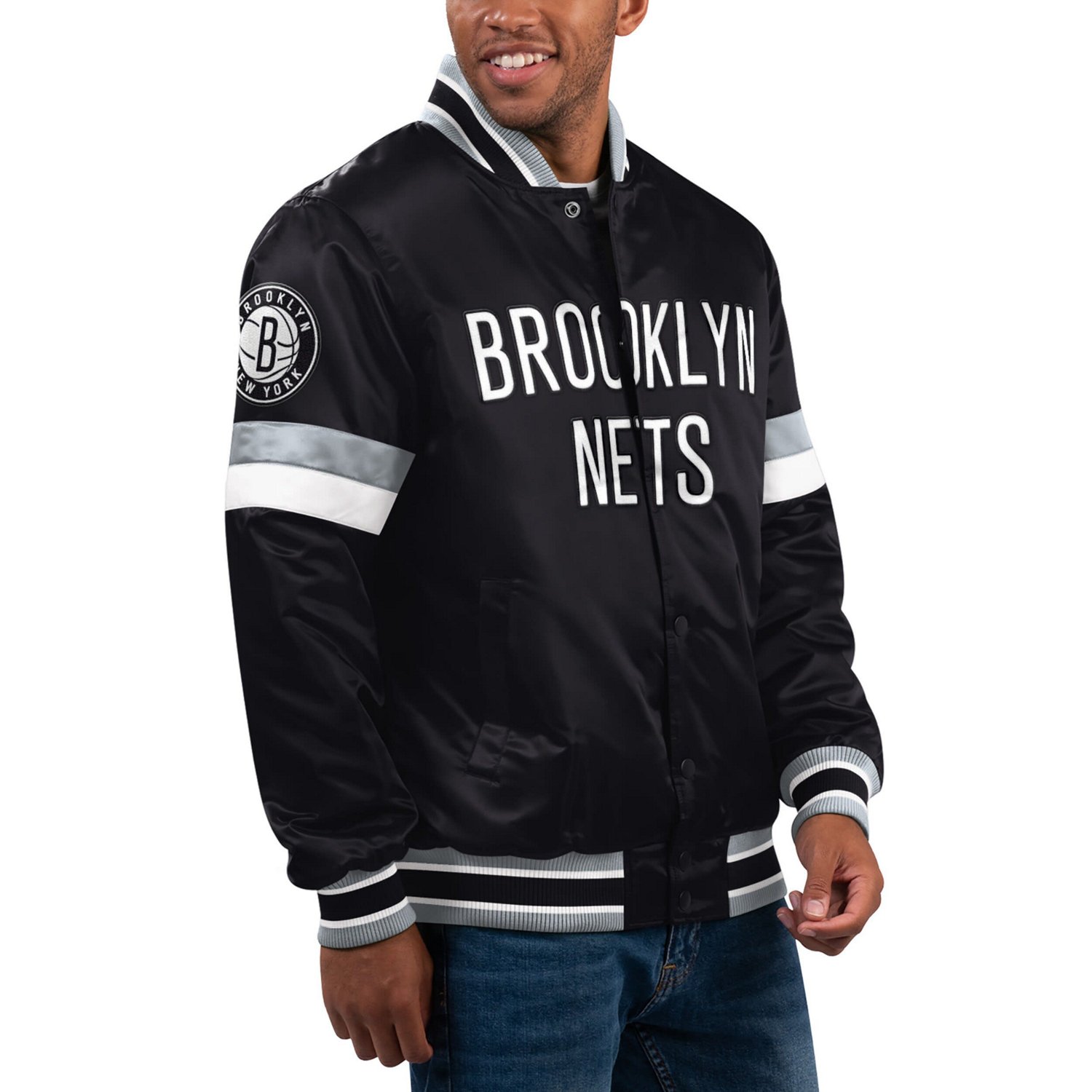 Starter Brooklyn Nets Home Game Satin Full-Snap Varsity Jacket | Academy