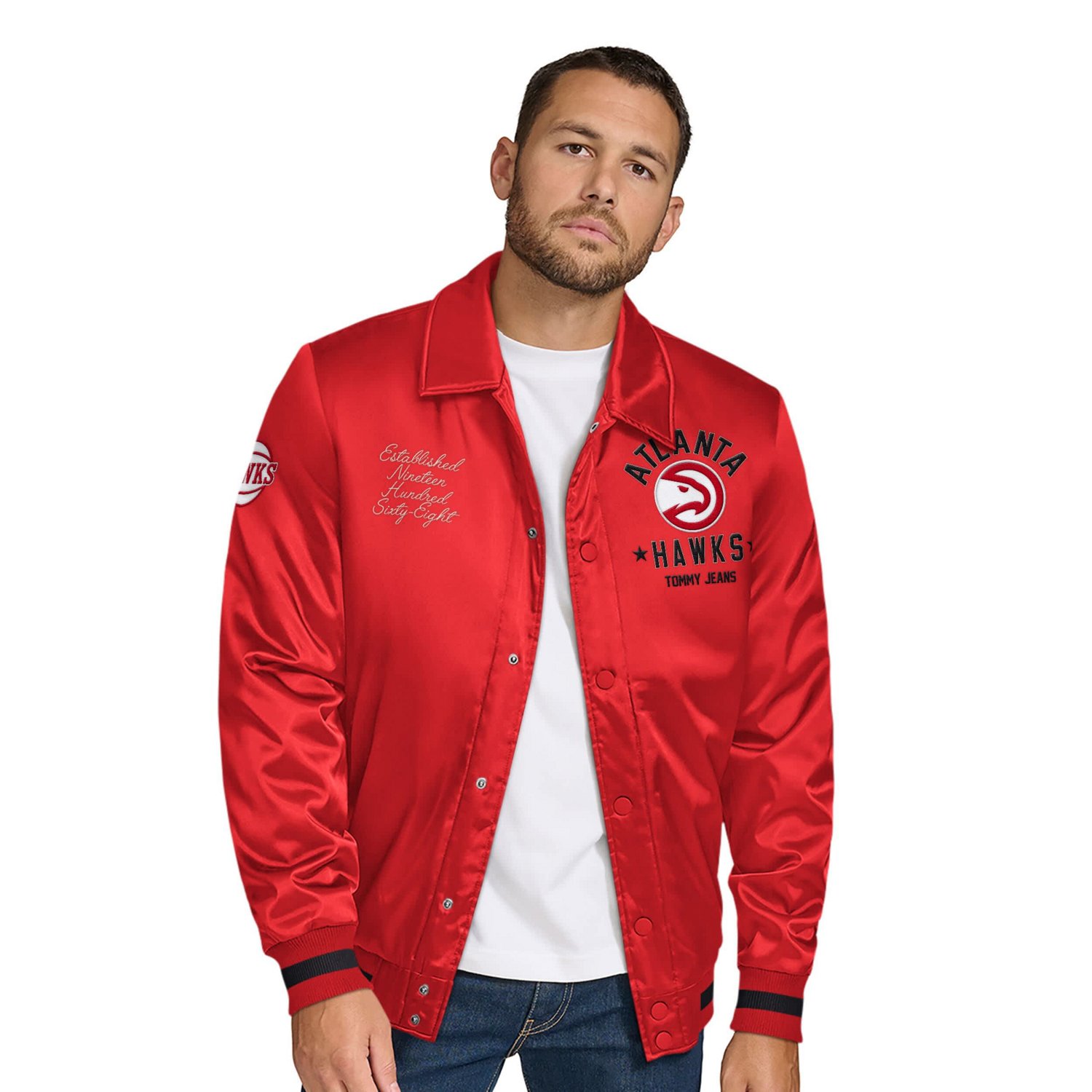 Tommy Jeans Atlanta Hawks Jacob Chain Stitch Applique Full-Snap Varsity ...