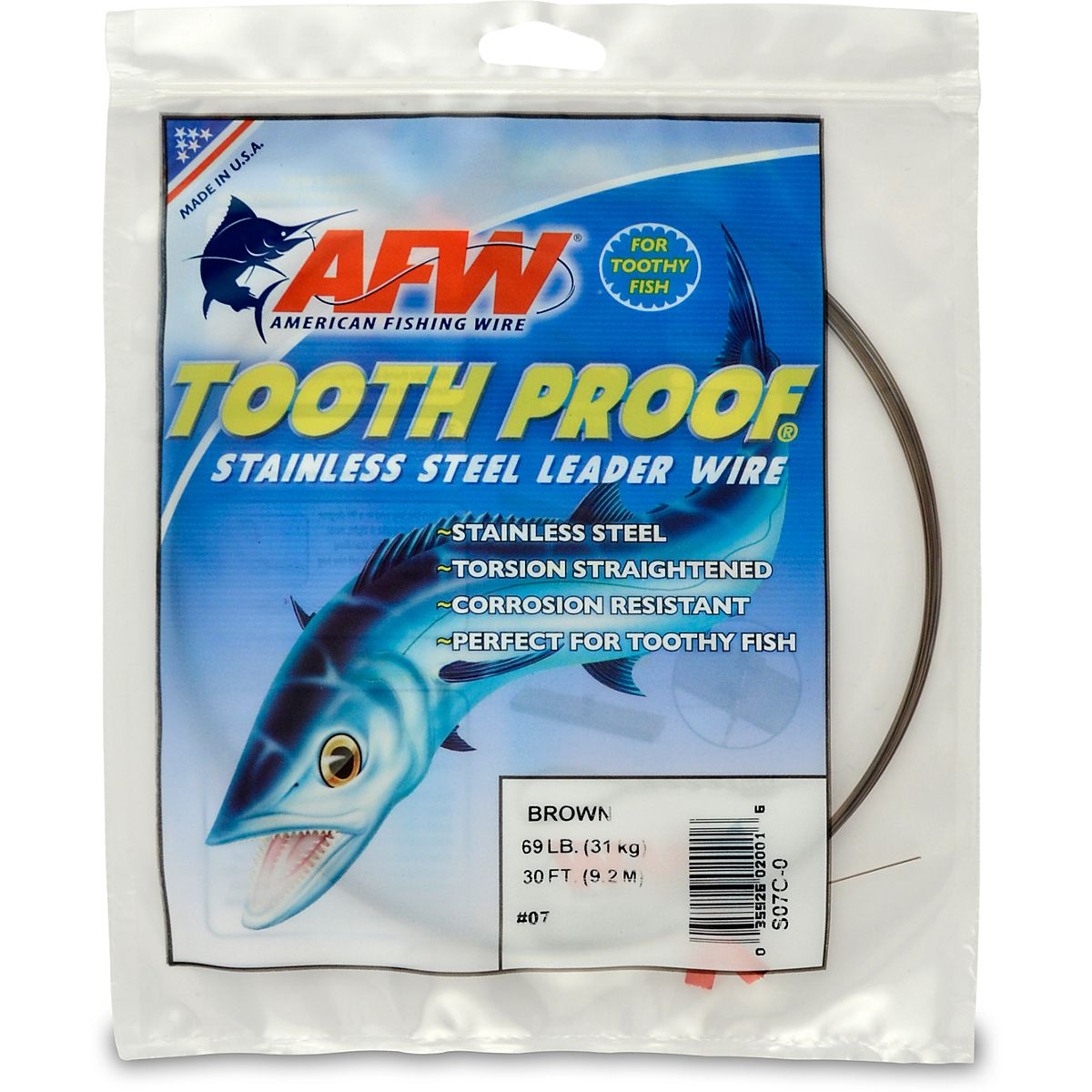 American Fishing Wire Tooth Proof 69 lbs - 30 ft Single-Strand Leader ...