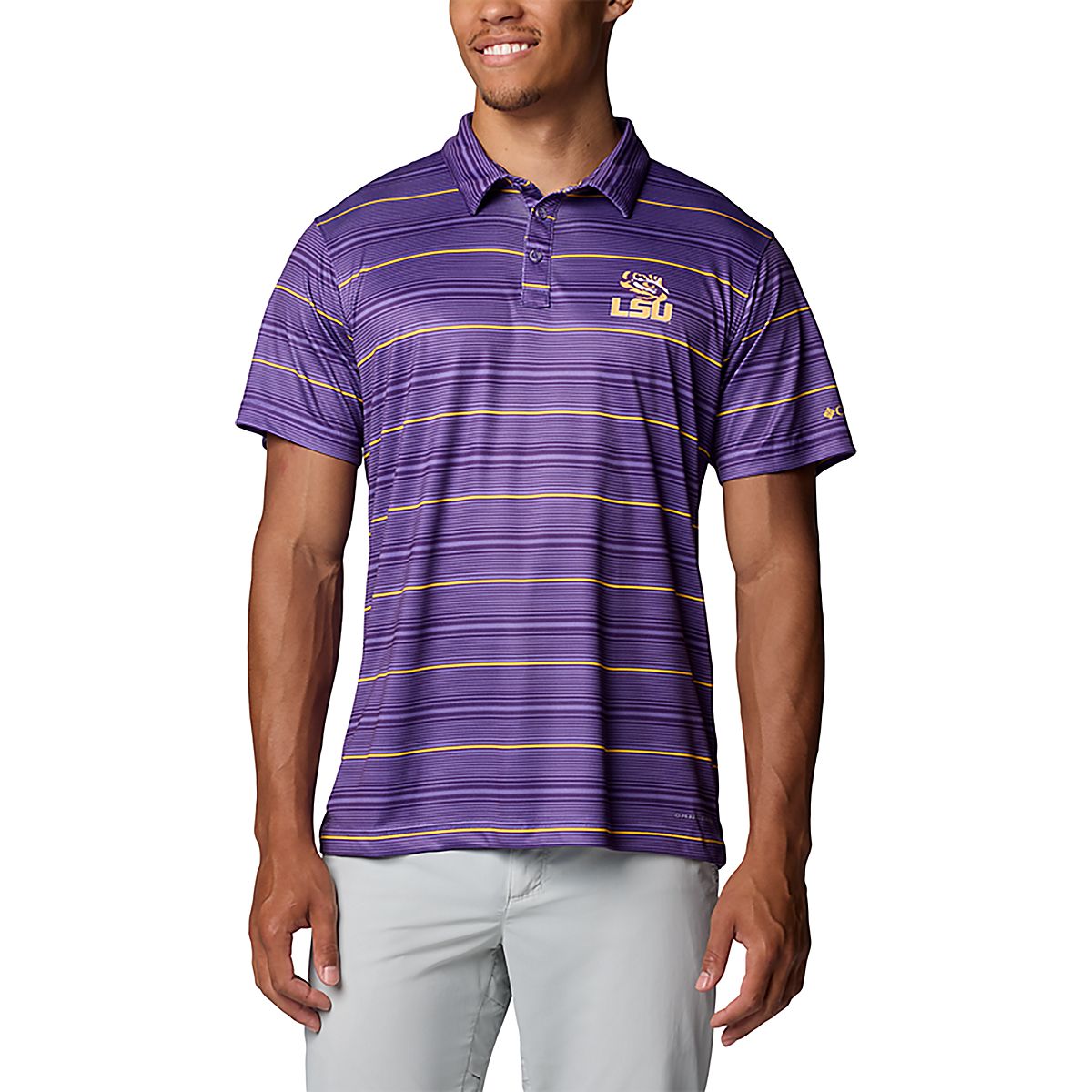 Columbia LSU Tigers PFG Super Terminal Tackle Omni-Shade Stripe Polo ...
