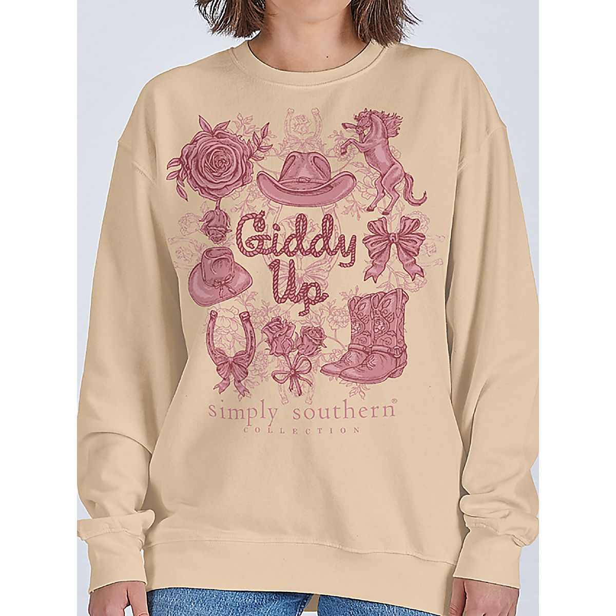 Simply Southern Girls' Giddy Up Sand Crewneck Sweater | Academy