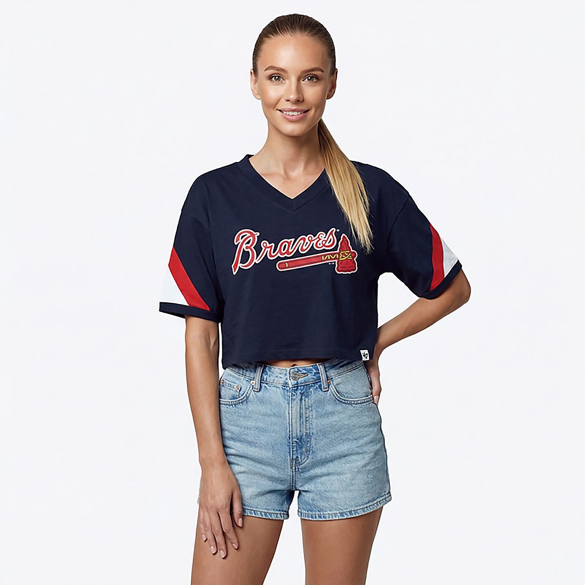 47 Brand Women's Braves Wordmark Geo Cropped V-Neck Short Sleeve T ...