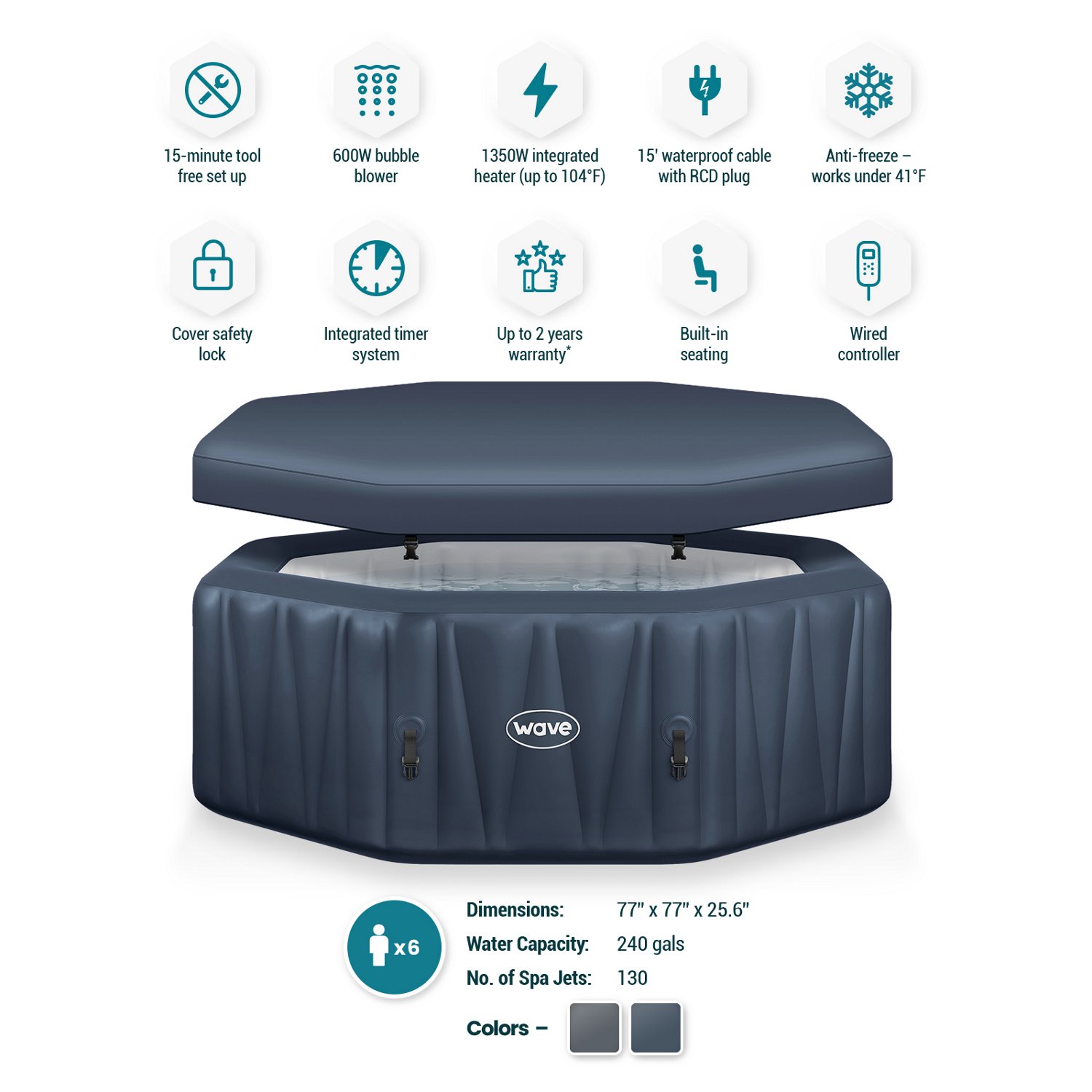 Wave Aegean 6.5 ft Octagonal Inflatable Spa Hot Tub – Color Navy ...